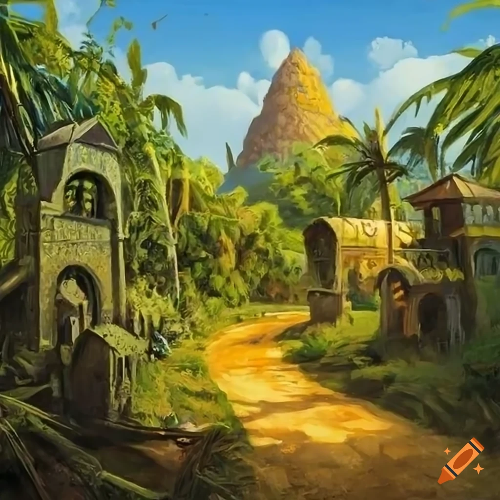 Tropical rainforest village farmers fantasy art on Craiyon