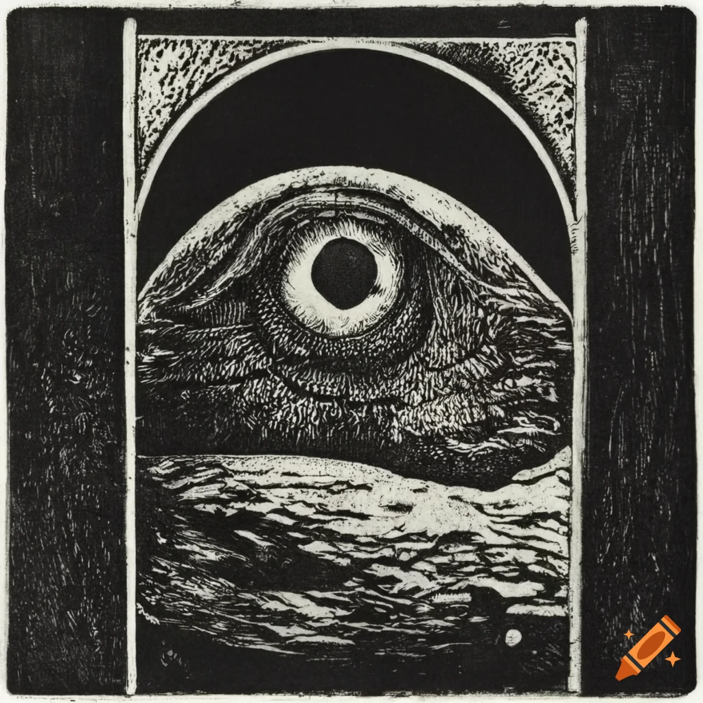 Black and white acid etching of a mysterious eye on Craiyon