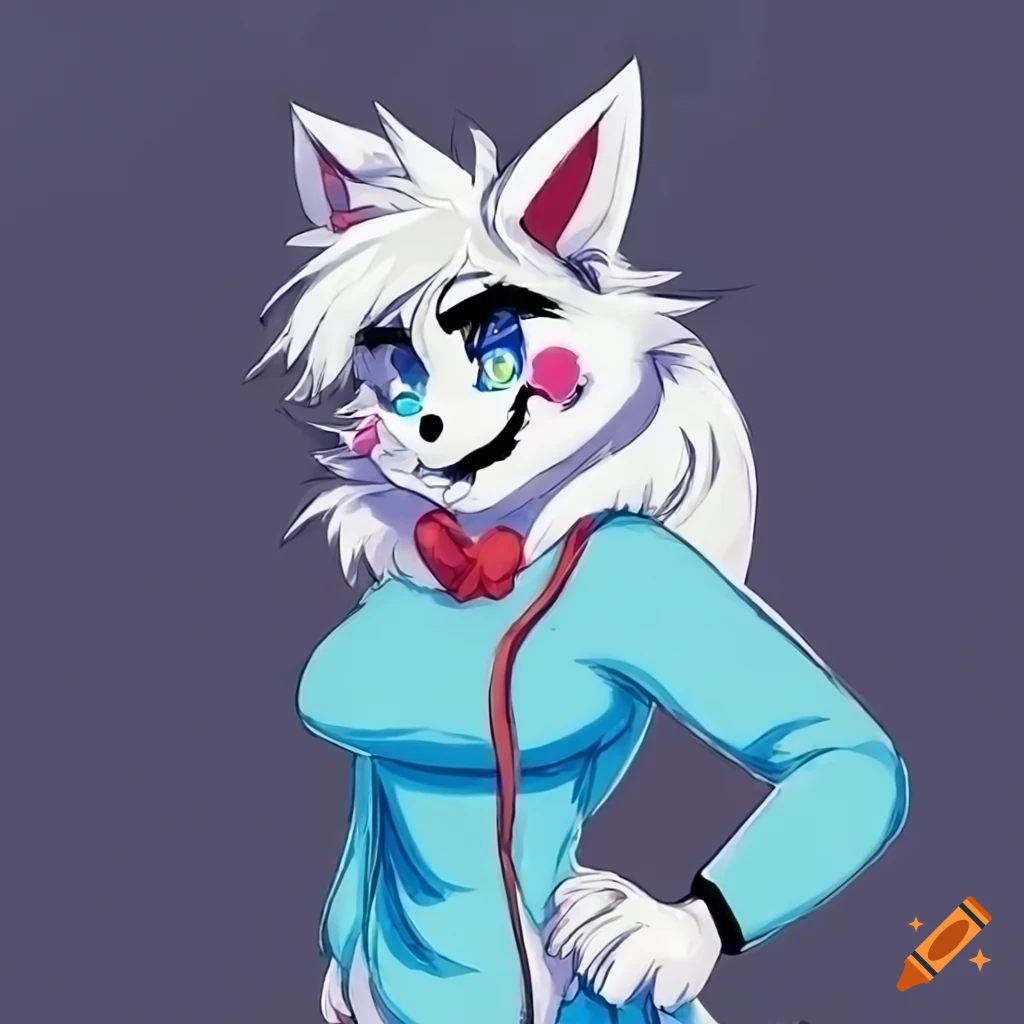 Headshot Of White Female Animatronic Wolf In Blue Hoodie On Craiyon