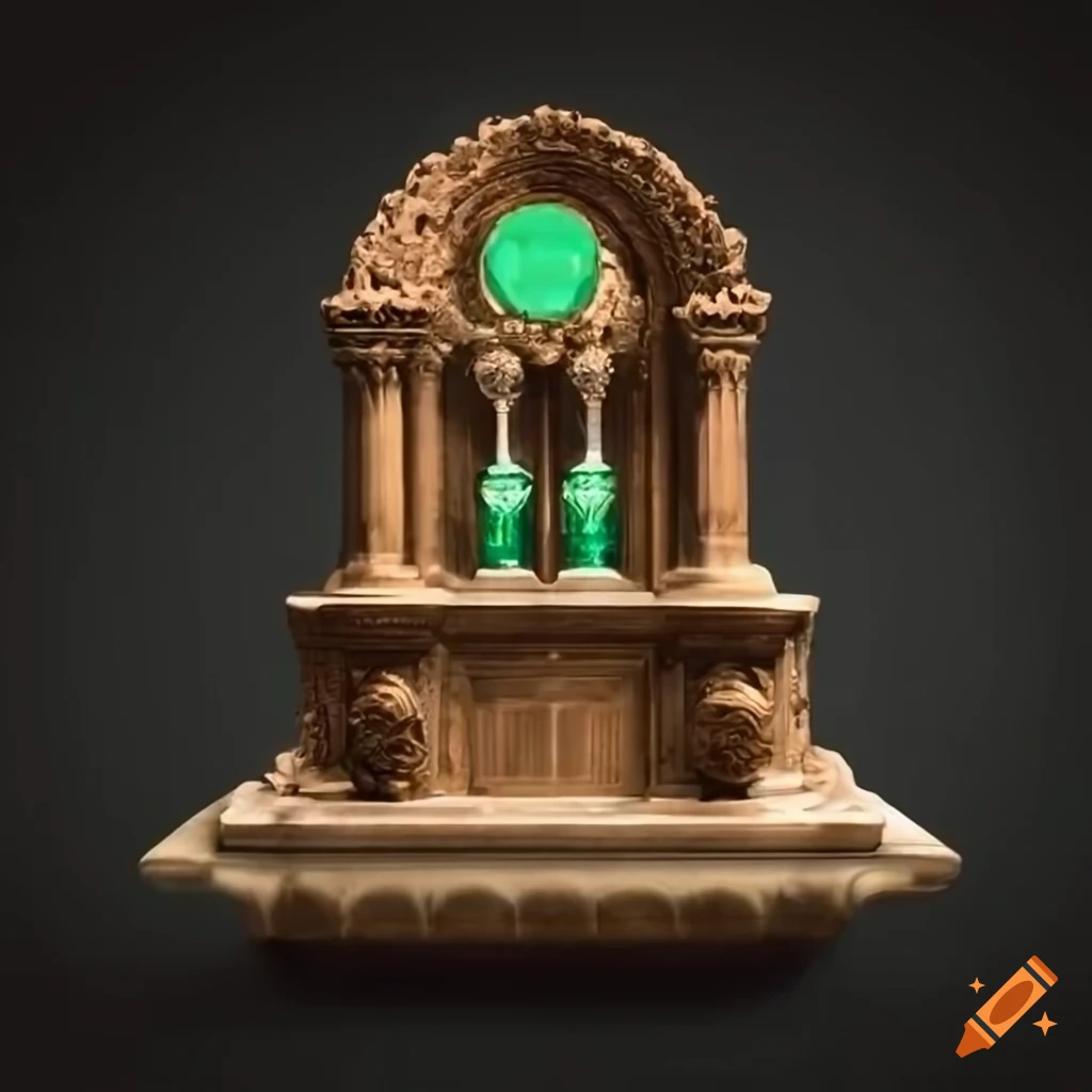 Stone alter with three pillars and an emerald on Craiyon