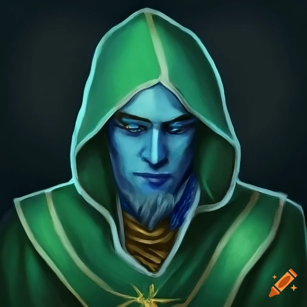 Illustration of a male herbalist in blue skin and green robes on Craiyon