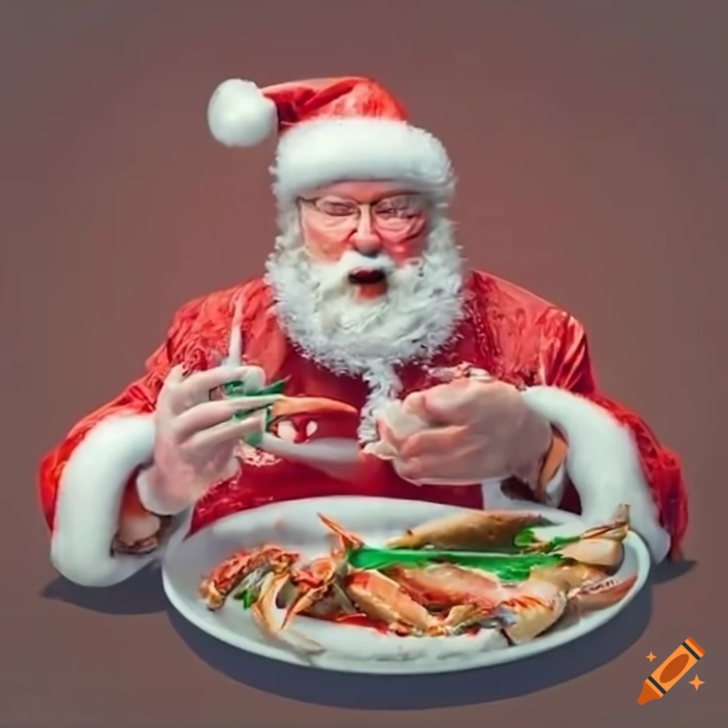 Santa enjoying a christmas feast with alaskan snow crab legs