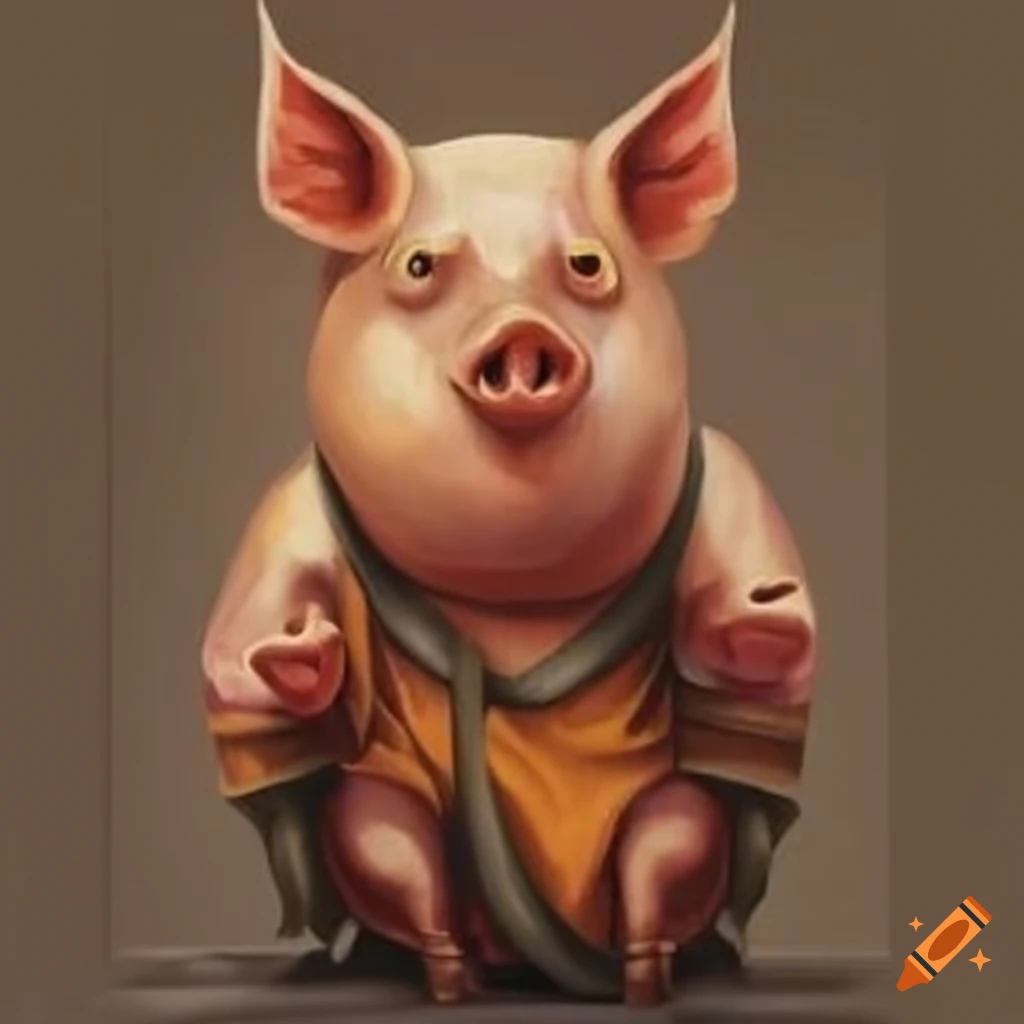 Sculpture of a pig monk in stave carving style