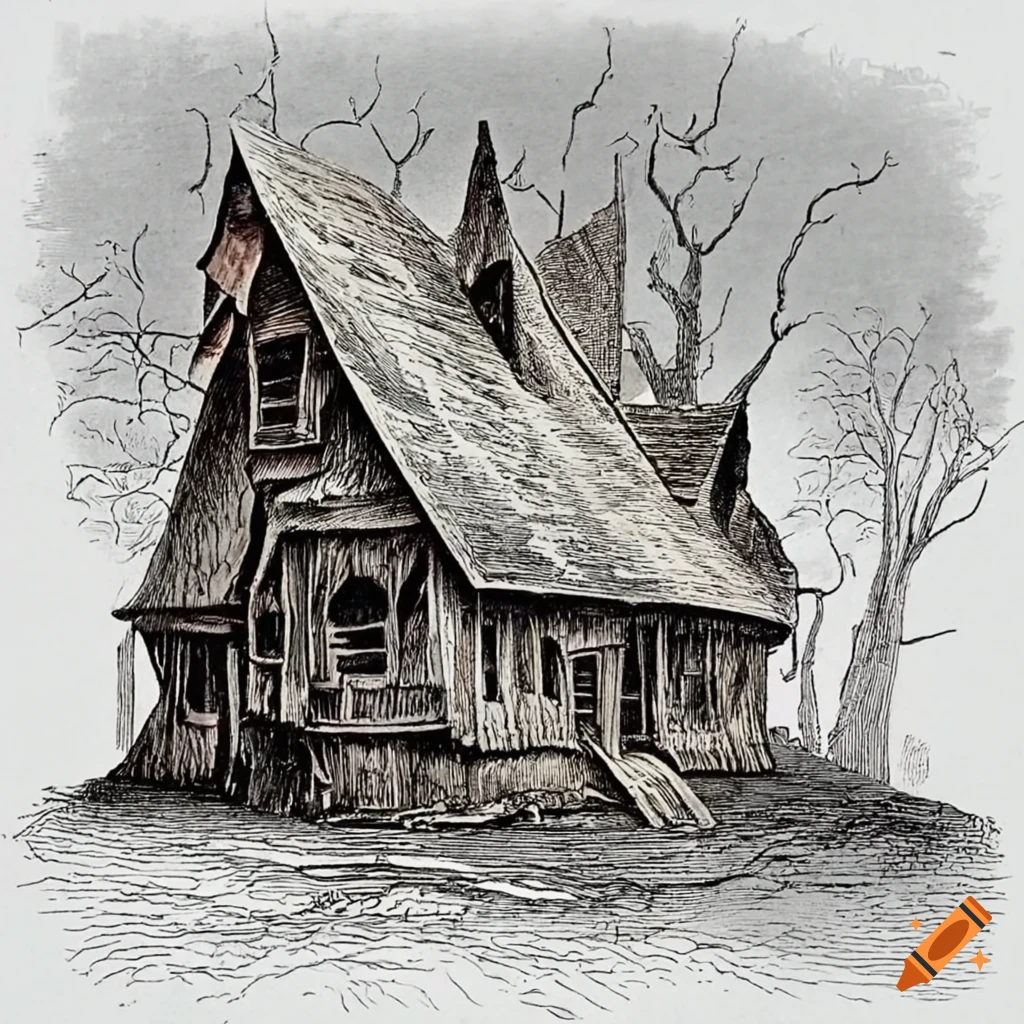 Creepy 19th century illustration of a witch house on Craiyon