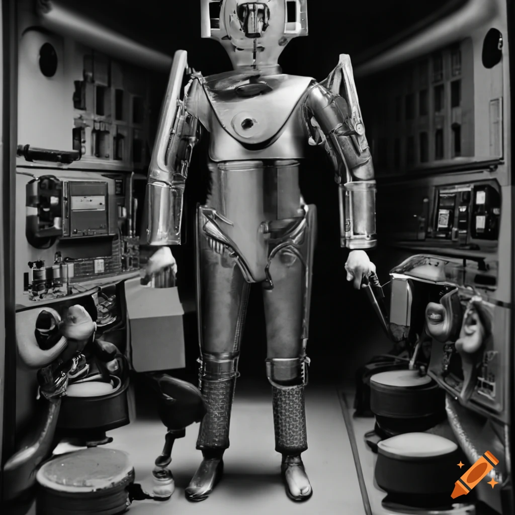 Black and white image of 1930s Cybermen in a control room on Craiyon