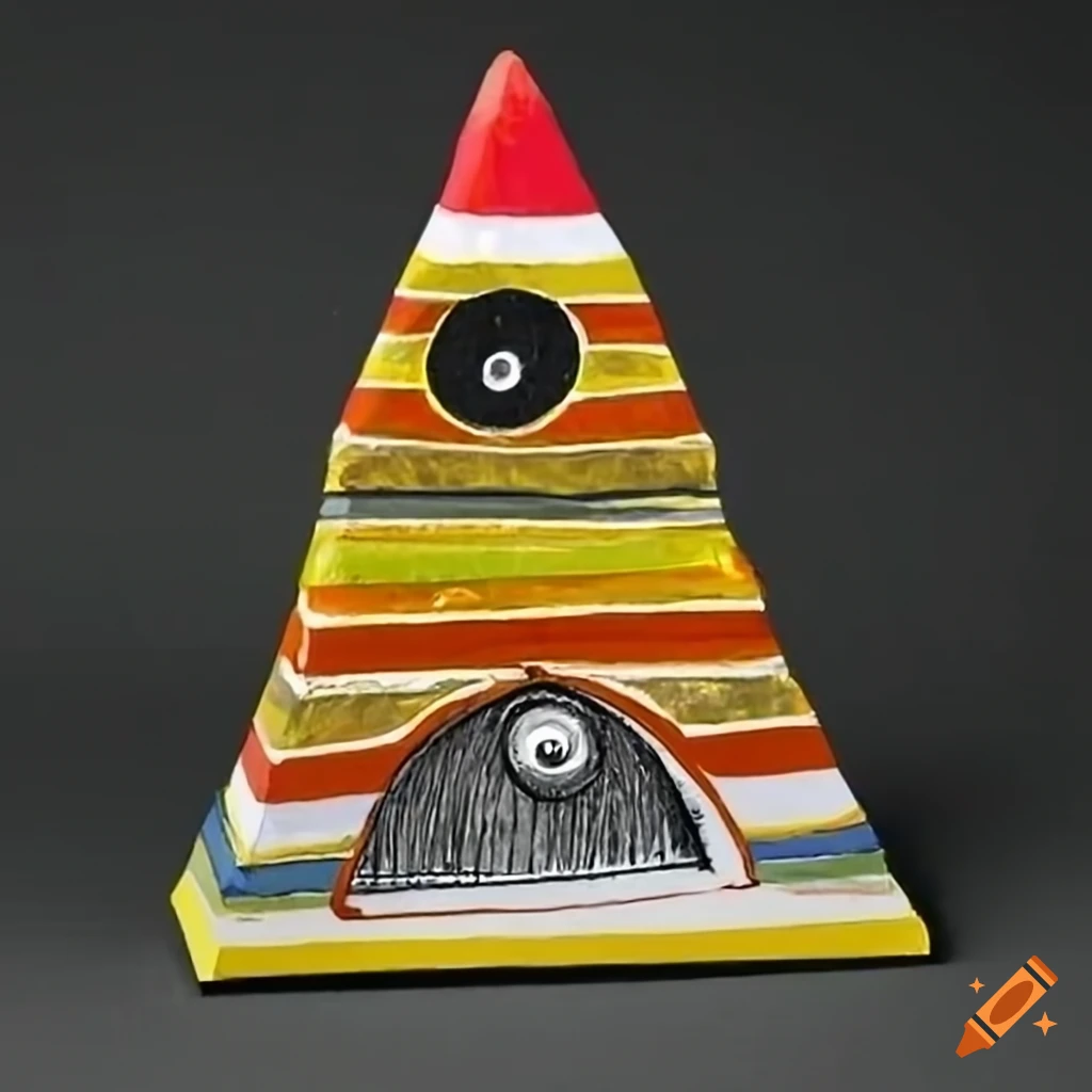 Abstract artwork of a yellow pyramid with one eye and top hat in space ...