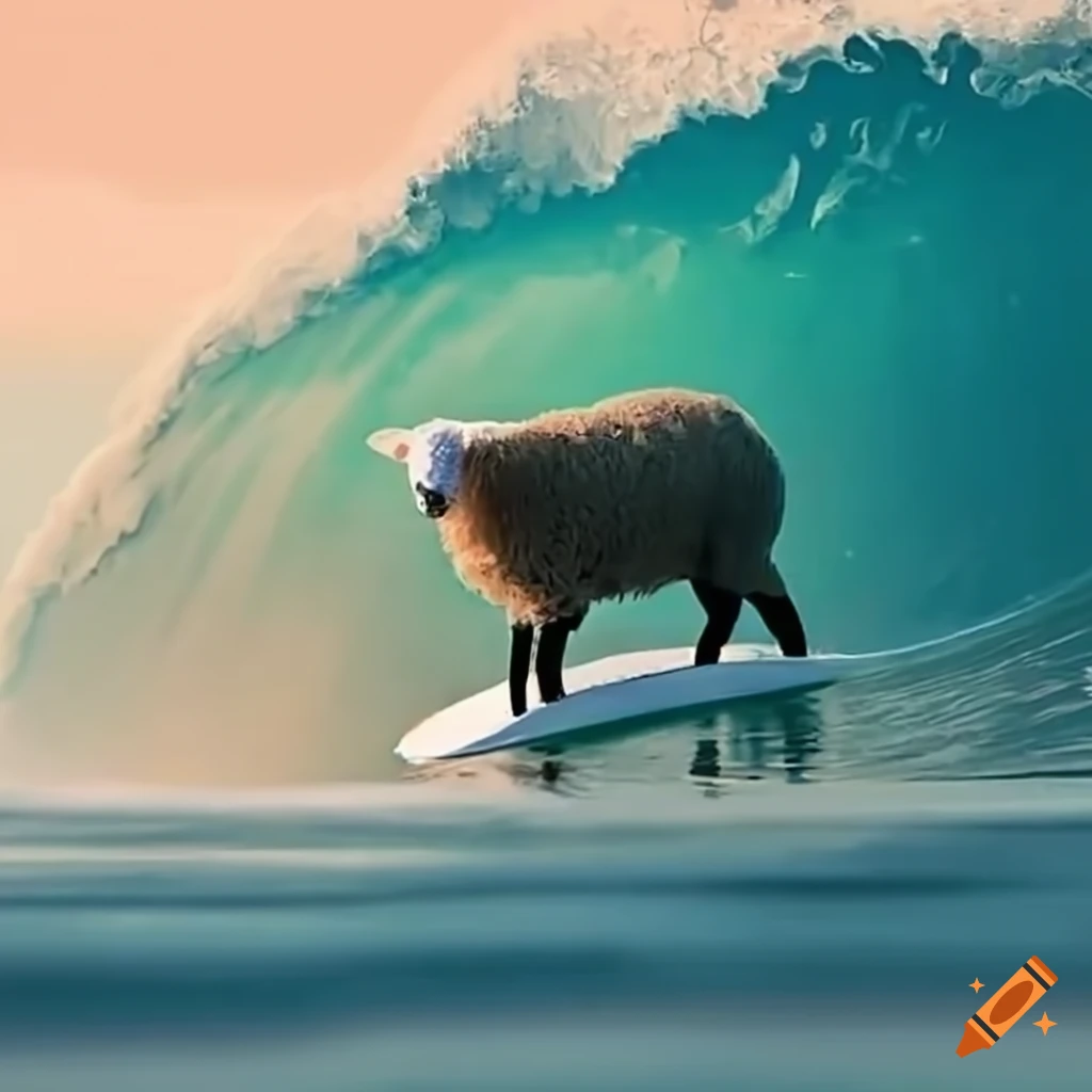 Sheep surfing on a wave