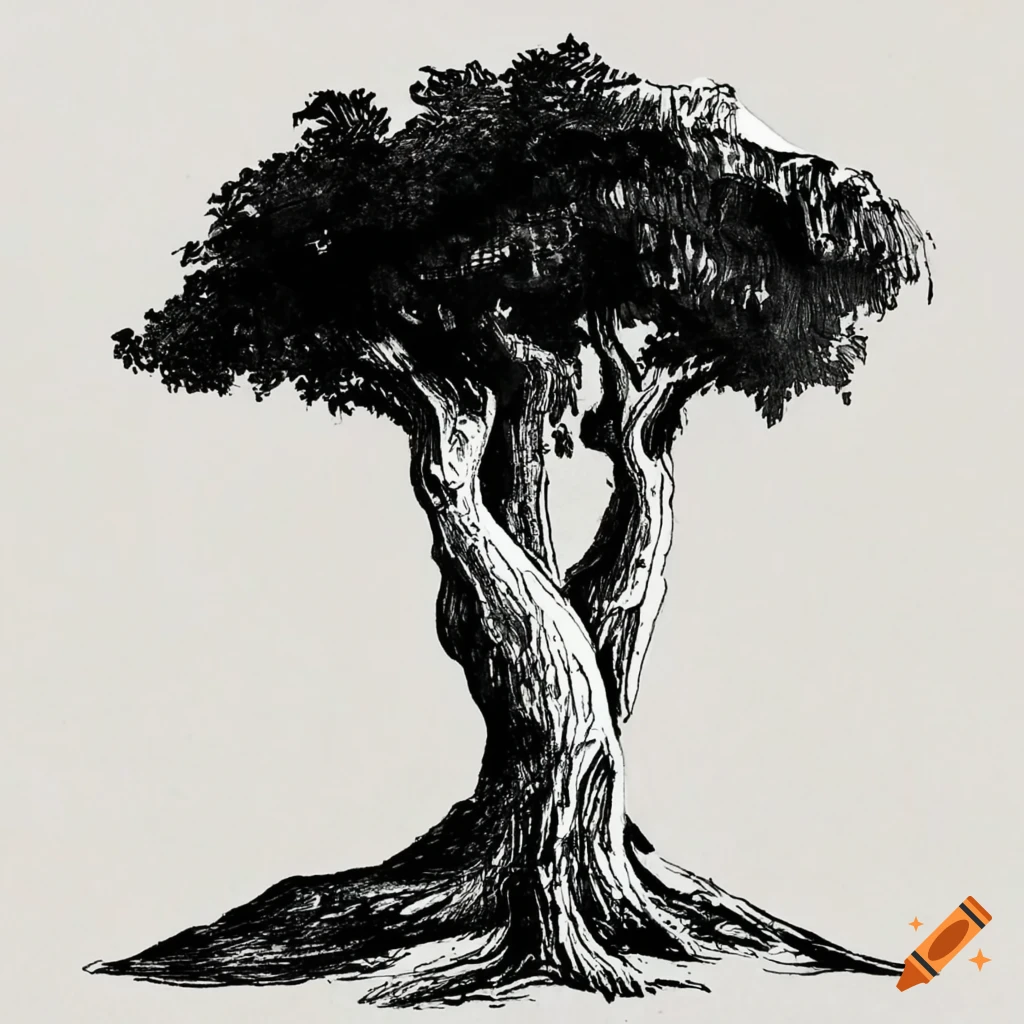 Black and white ink drawing of a split dead tree