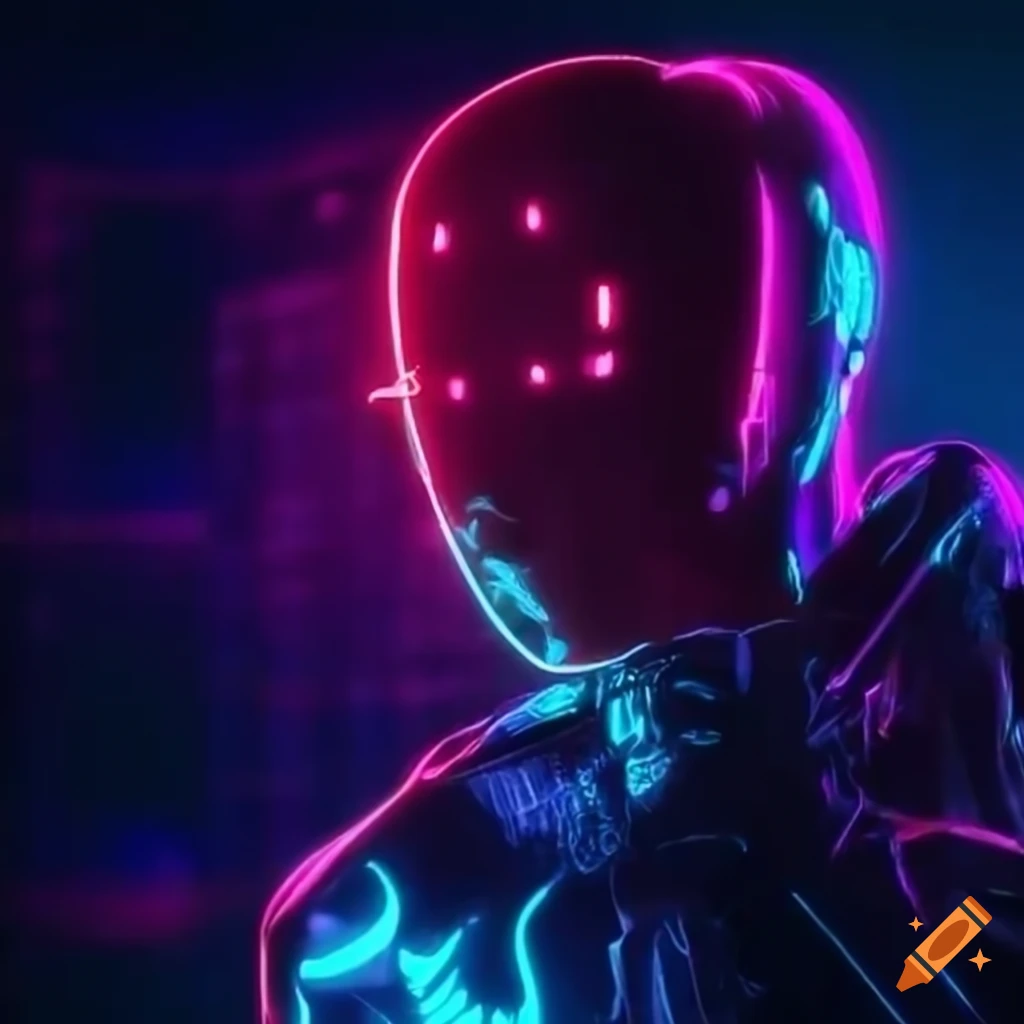 Neon-lit cyber metropolis with an enigmatic man on Craiyon