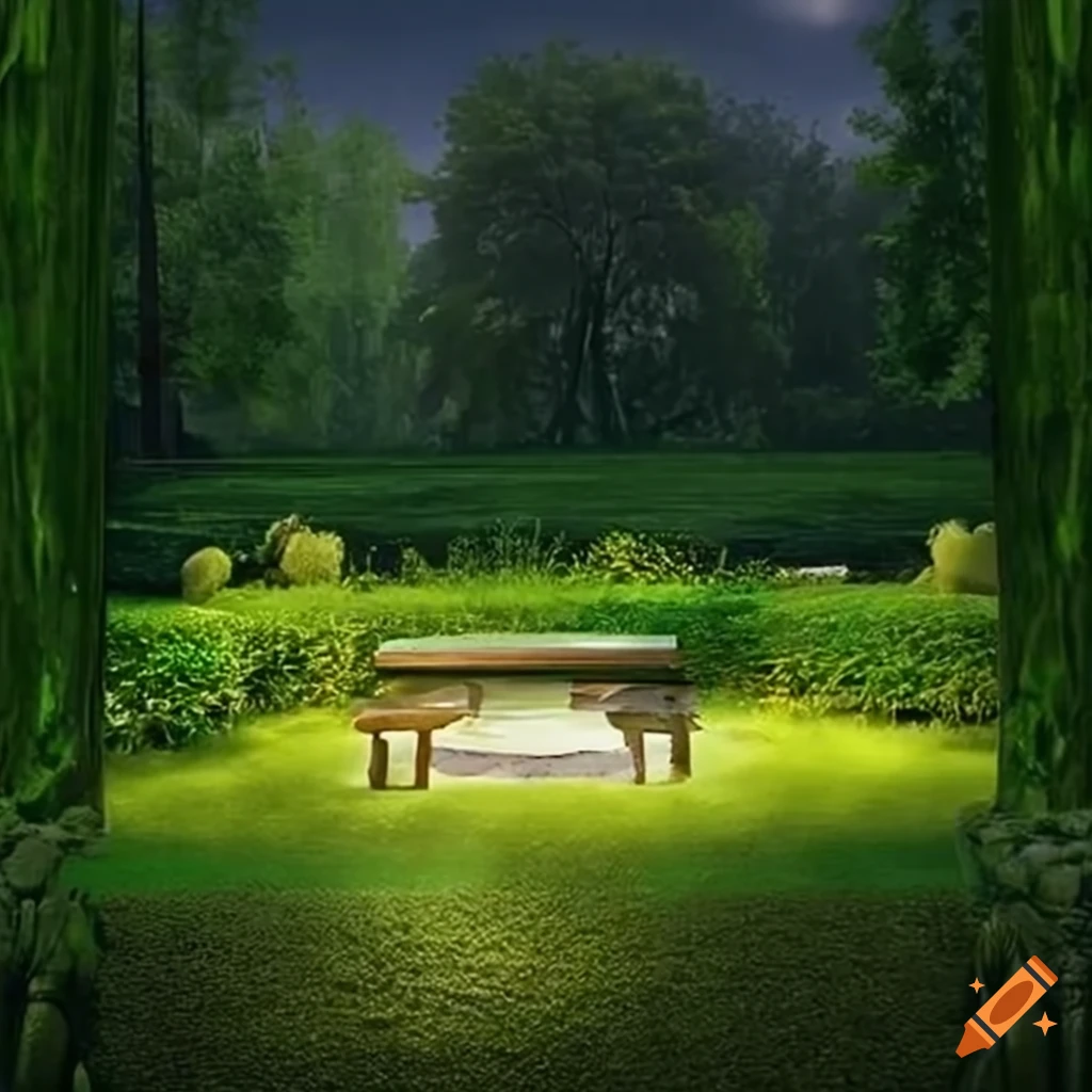 Luxury garden with a pond and marble bench at night on Craiyon