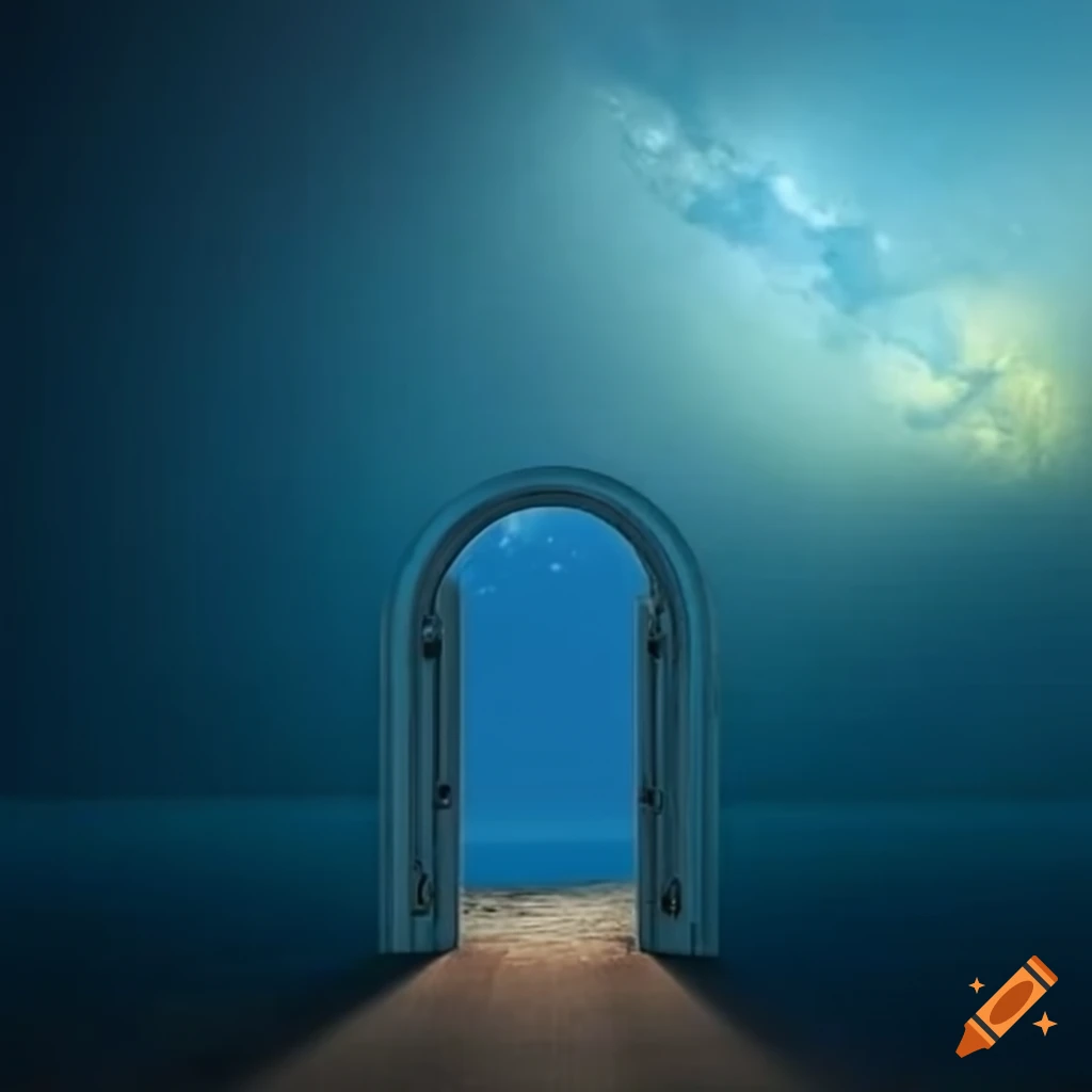 Photographic image of doors opening on a sea horizon on Craiyon