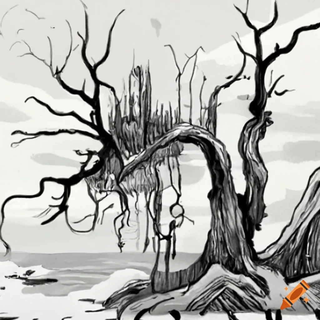 Black and white ink drawing of a split dead tree