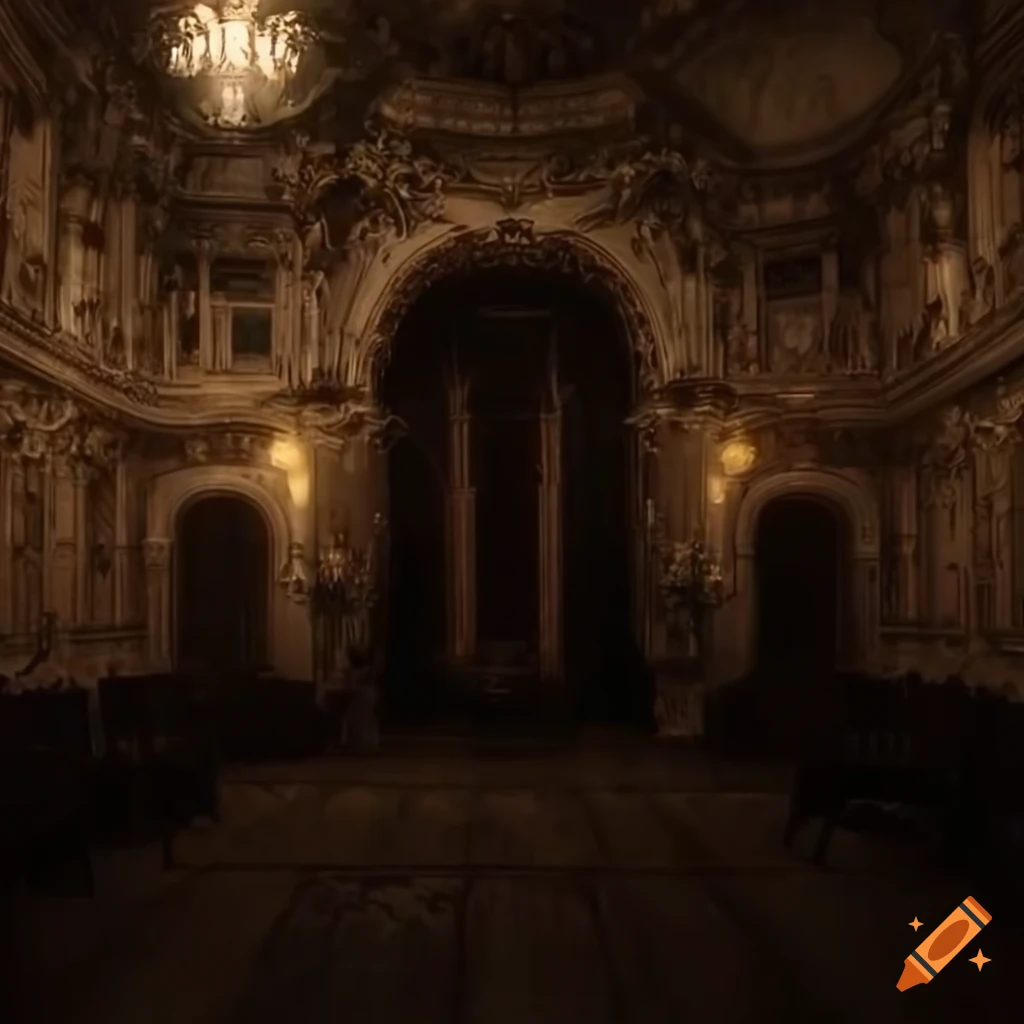 Ghostly ornate ballroom with faded wallpaper and dusty chandeliers on Craiyon