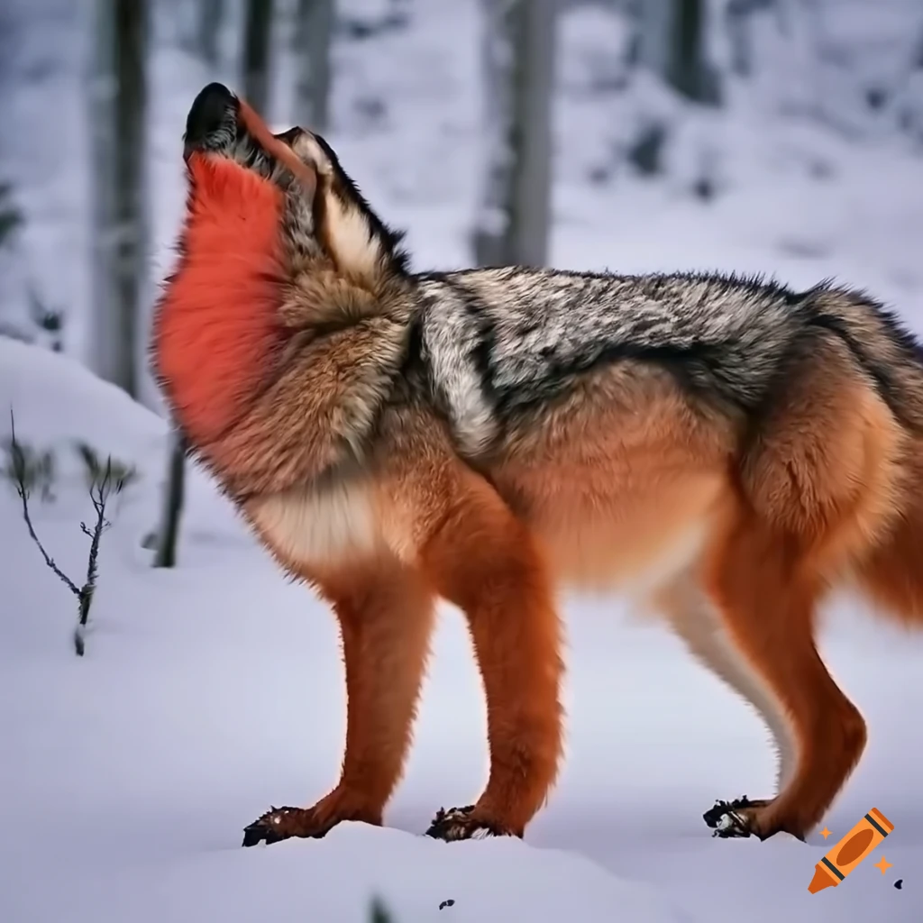 Fluffy fire wolf howling in snowy landscape on Craiyon