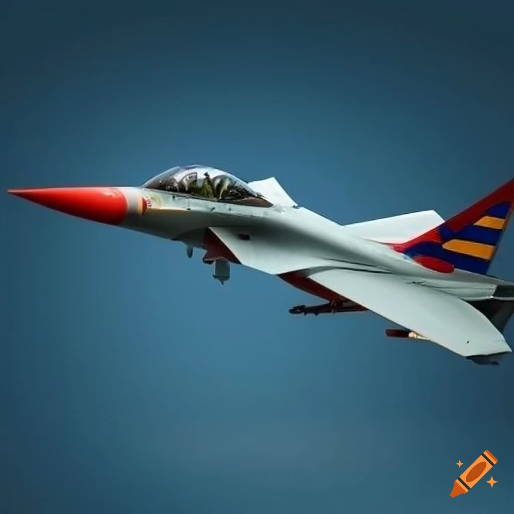 Jet fighter plane with green, gold, black, and white stripes, with ...