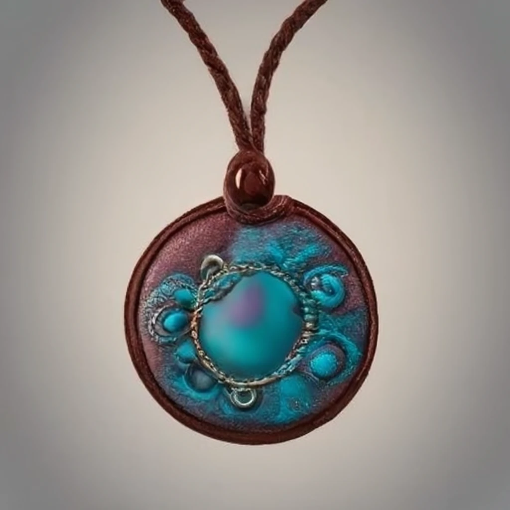 Fancy leather cord with round amulets on Craiyon