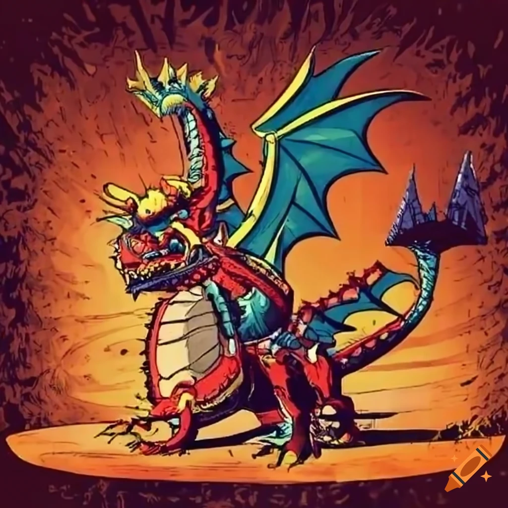 Vintage cartoon of mechanical dragons fighting