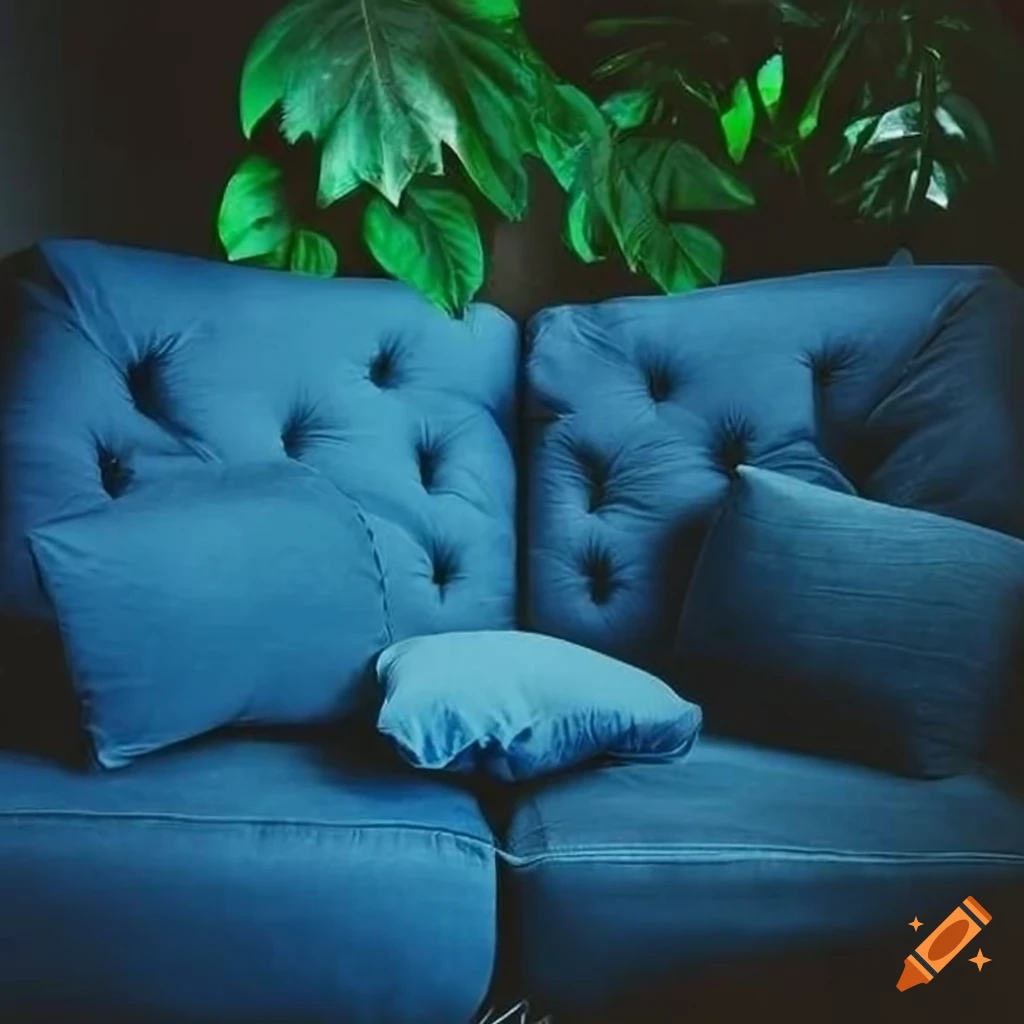 Blue gaming couch in a plant-filled room