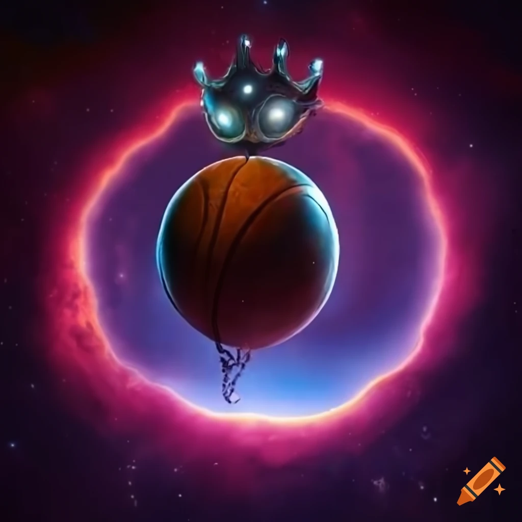 Immortal figure with an alien crown holding a basketball in outer space ...