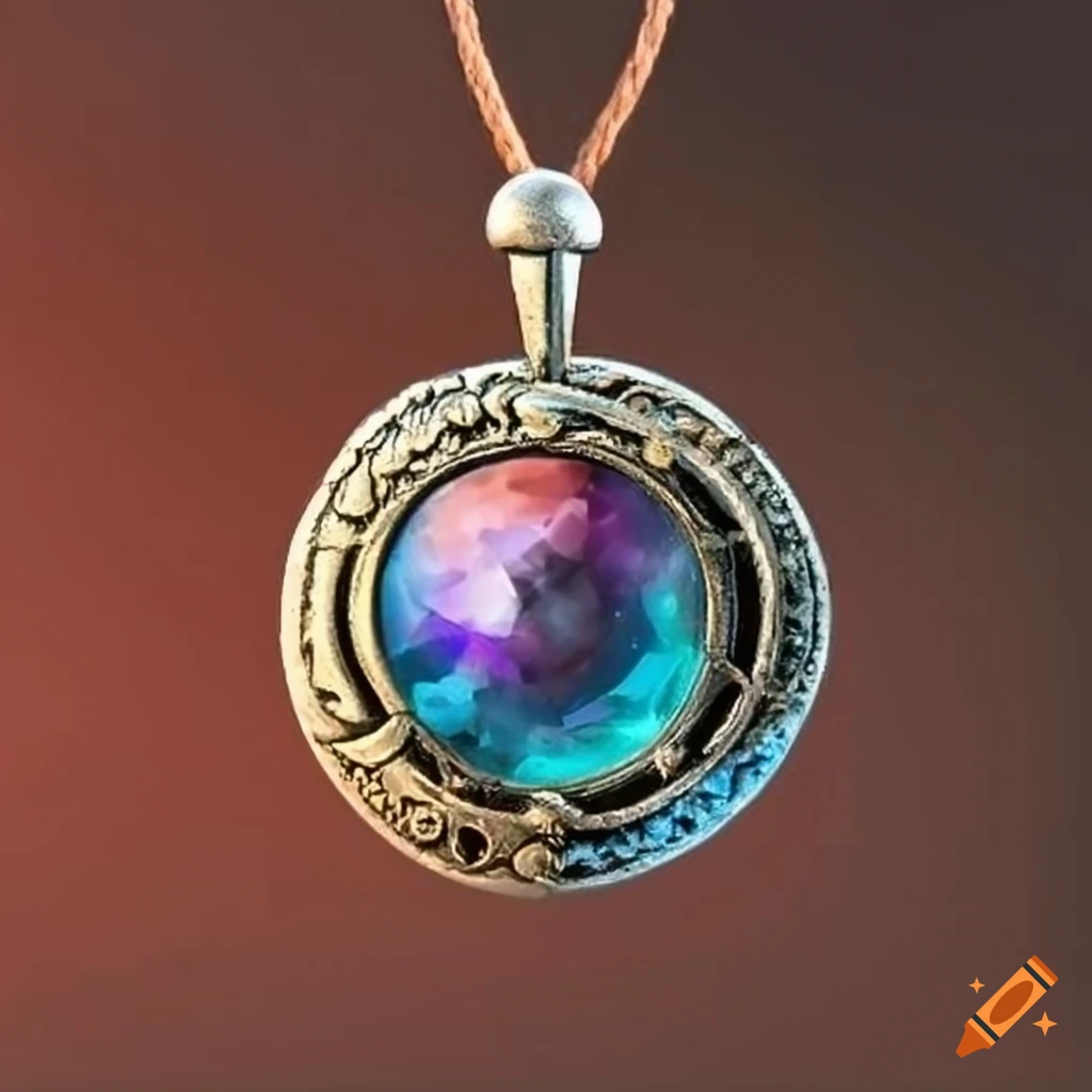 Photo of a metal amulet with crystal on leather cord on Craiyon