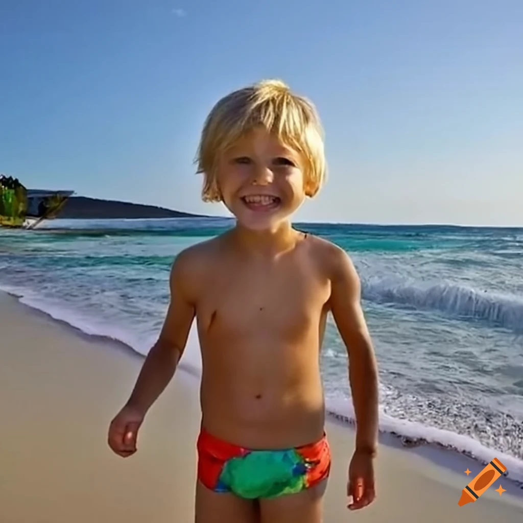 Smiling blond boy on a tropical beach at sunset on Craiyon