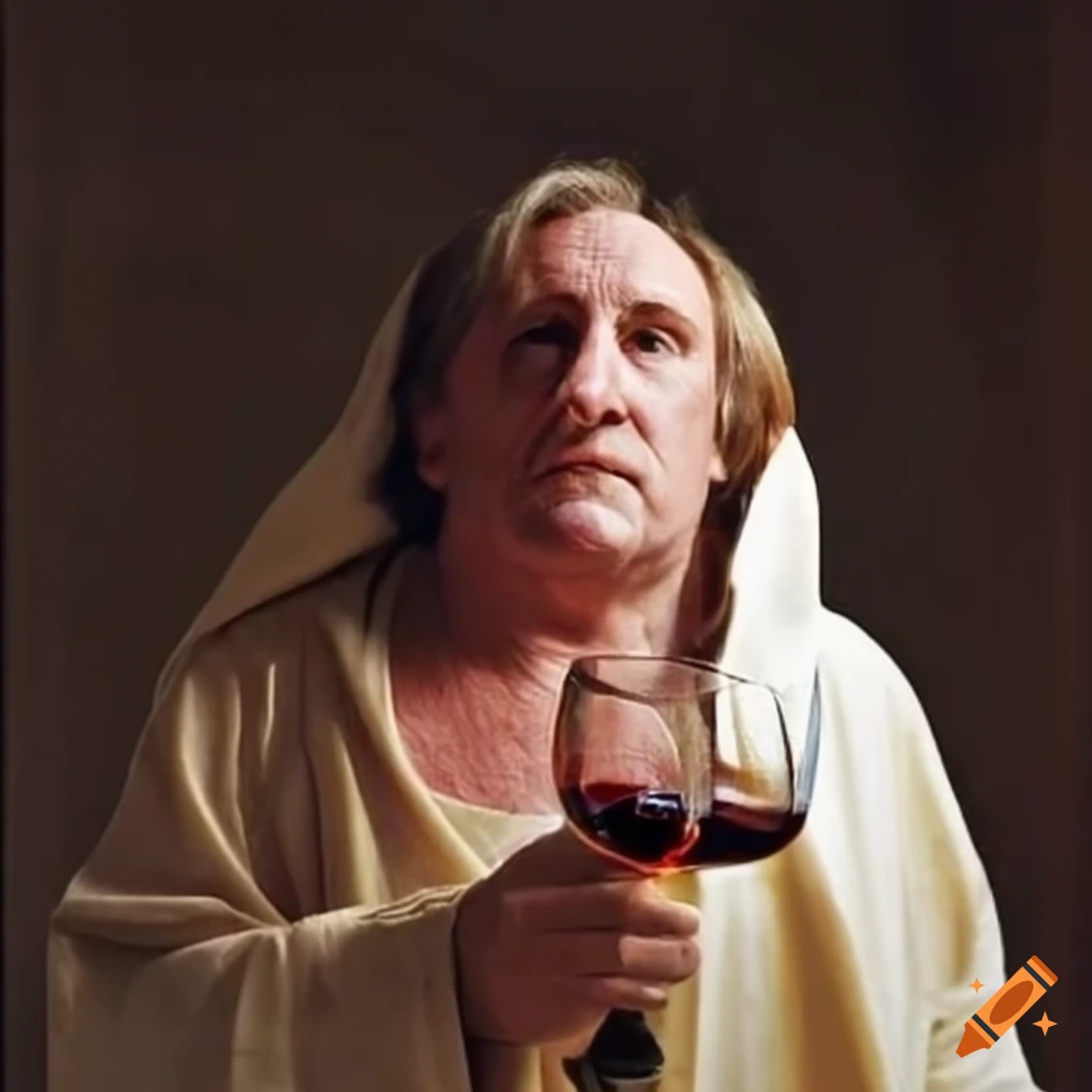 Image of Gérard Depardieu as Jesus with a bottle of wine flying in paradise on Craiyon