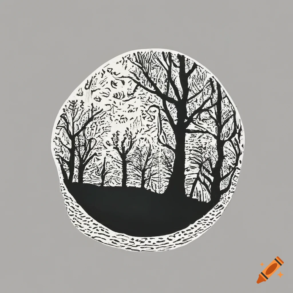 Woodland trees silhouette linocut artwork