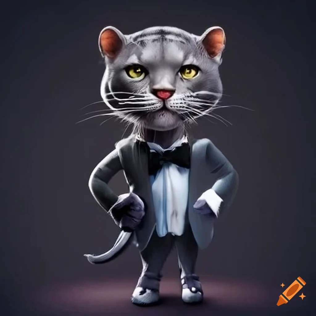 Cute grey panther in a fancy butler outfit on Craiyon