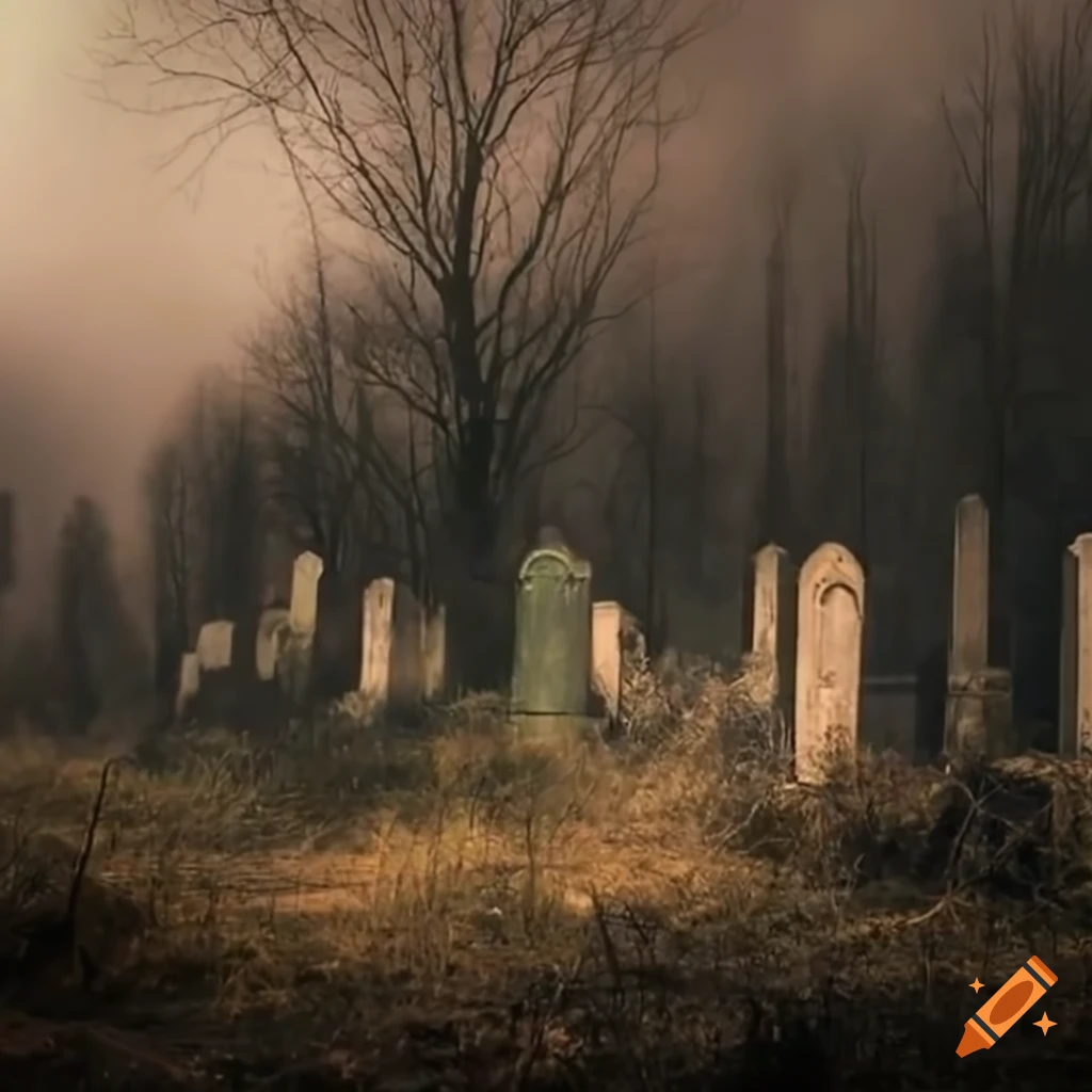 Smoke billowing out of an abandoned cemetery on Craiyon