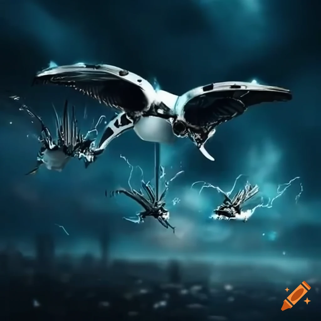 Futuristic robotic birds flying in a storm on Craiyon