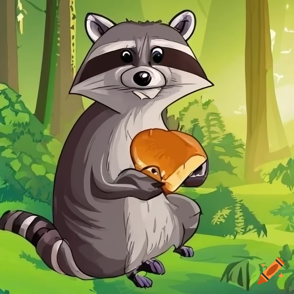 Cartoon raccoon eating bread in the forest on Craiyon