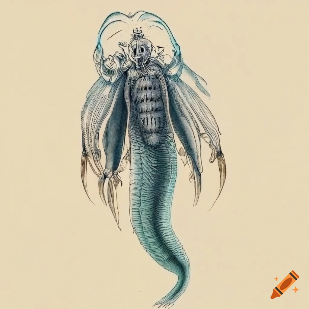 Detailed etching of an isopod merman