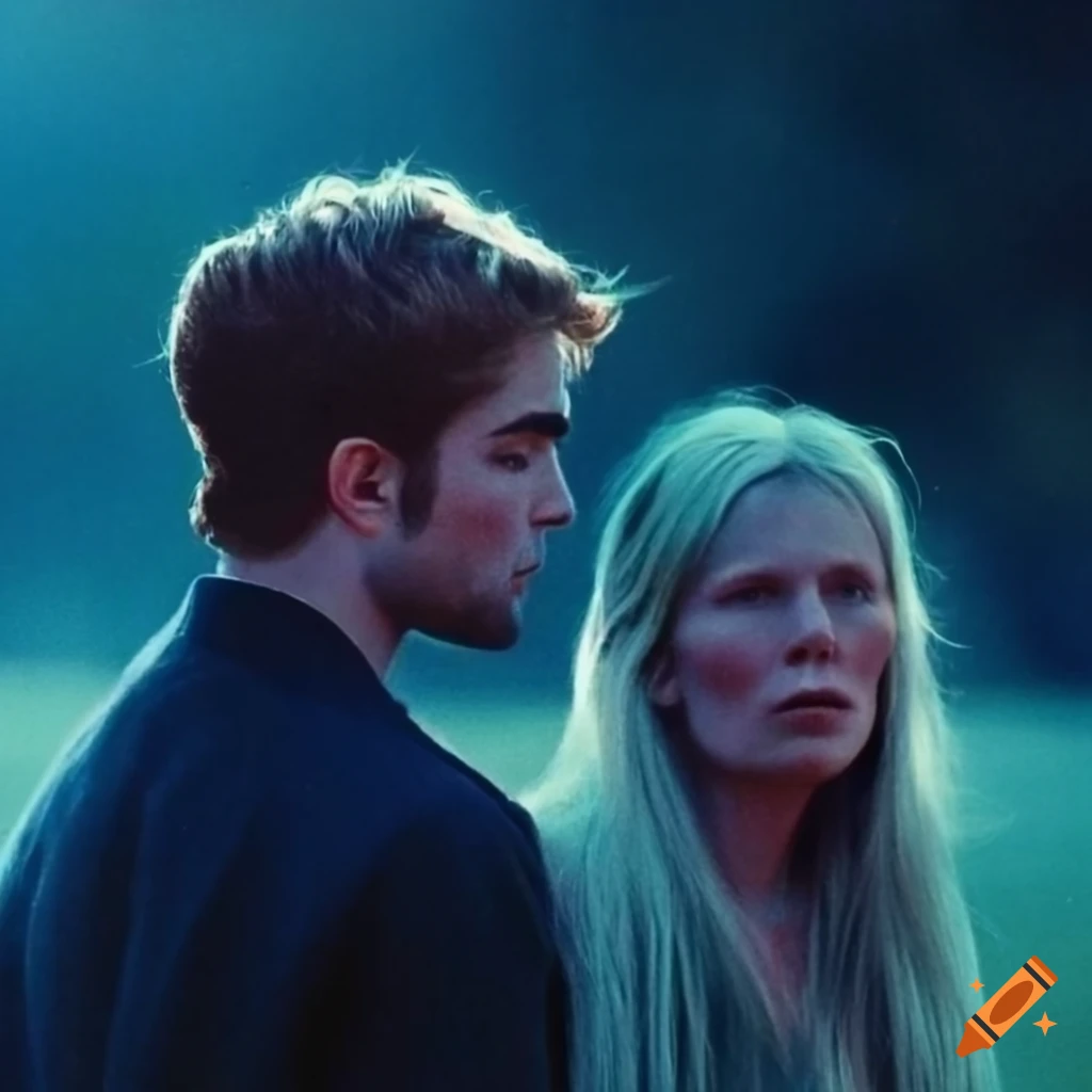Movie poster with Joni Mitchell and Robert Pattinson in a forest on Craiyon