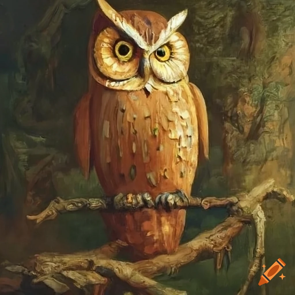 Thomas cole style painting of a wooden owl on Craiyon