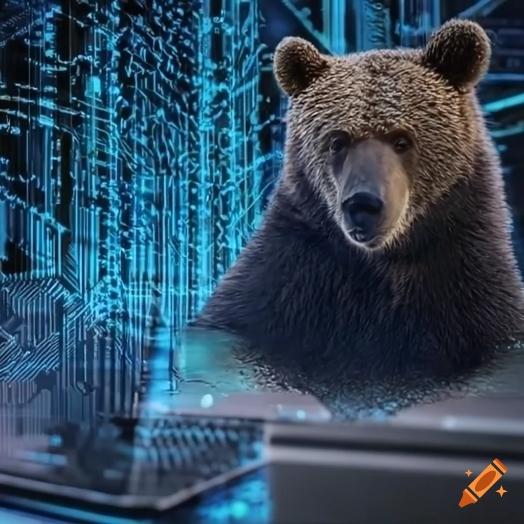 Bear with headset at a desk with a laptop in a podcast setting on Craiyon