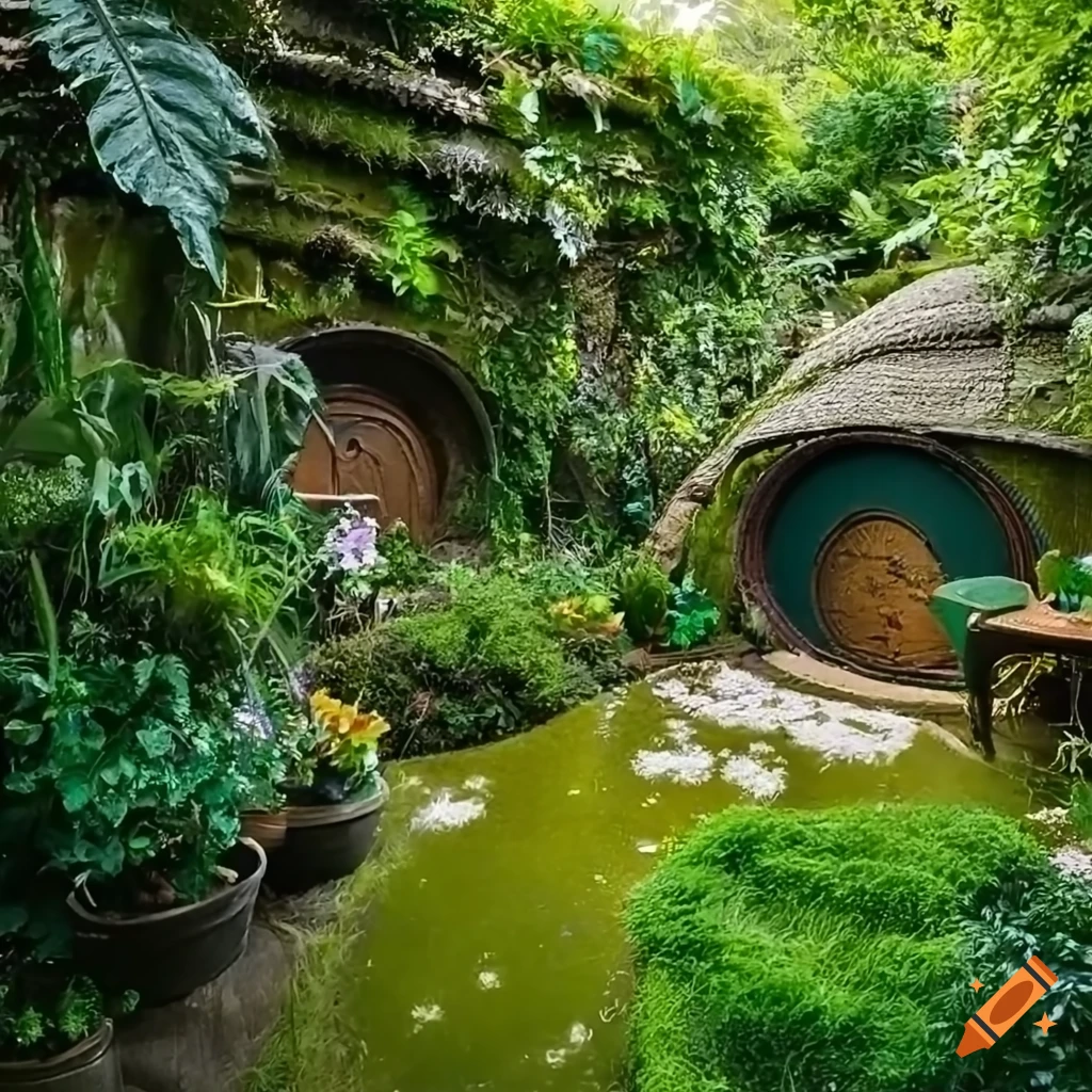 Cozy mossy hobbit bedroom with plants and flowers on Craiyon