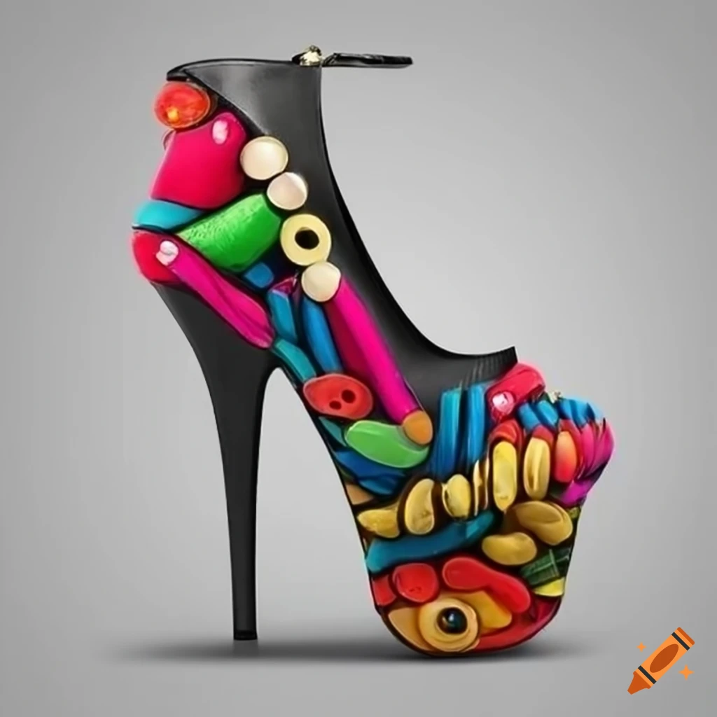 Colorful futuristic high heel shoes with chicken leg design