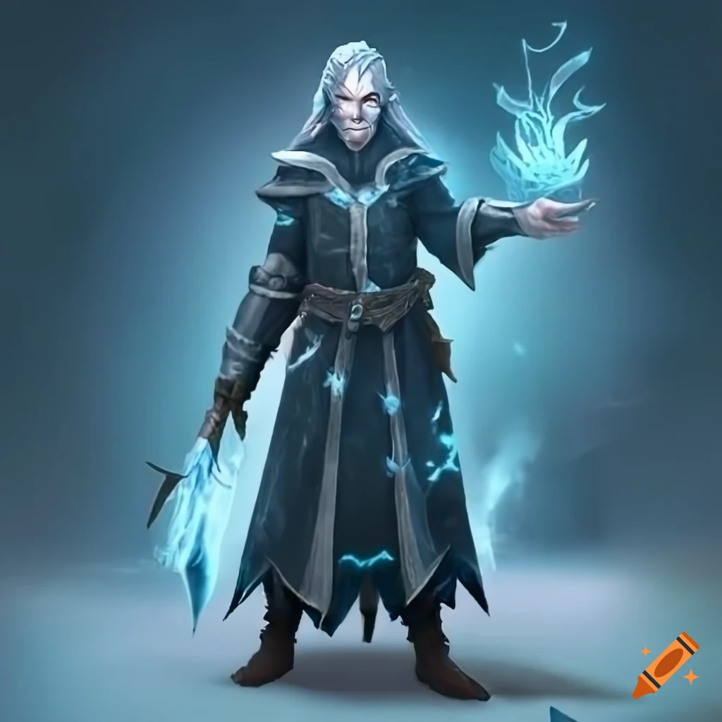 Realistic representation of a frost wizard character on Craiyon