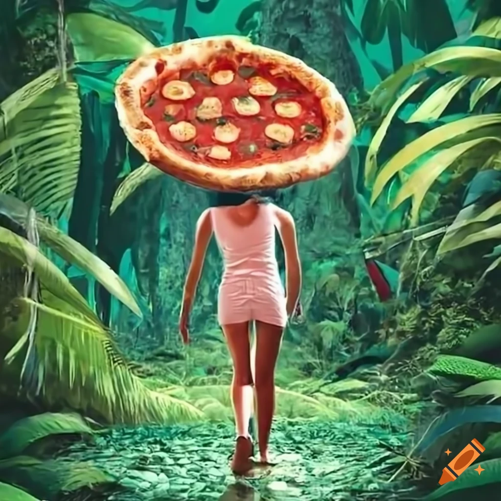 Surreal image of a woman with a pizza head in a tropical forest