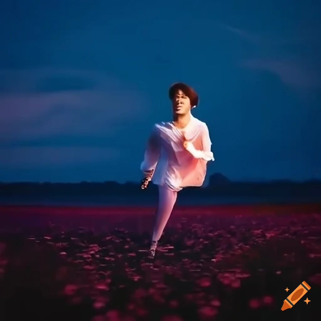 Jimin of bts running in a flower field