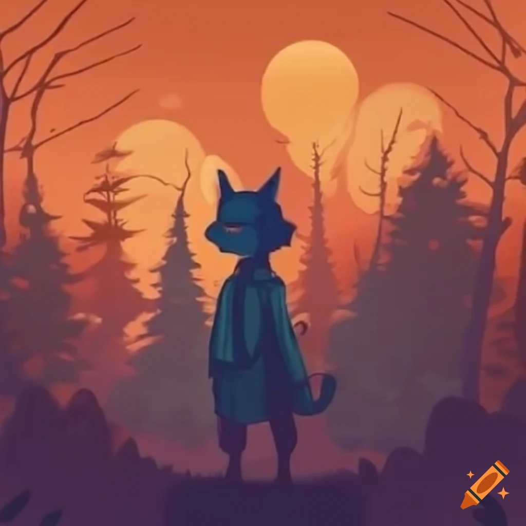 Animesque forest landscape with anthropomorphic cat person