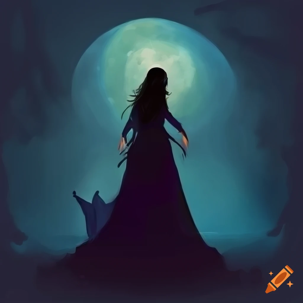 Silhouette of a lady under the full moon on Craiyon