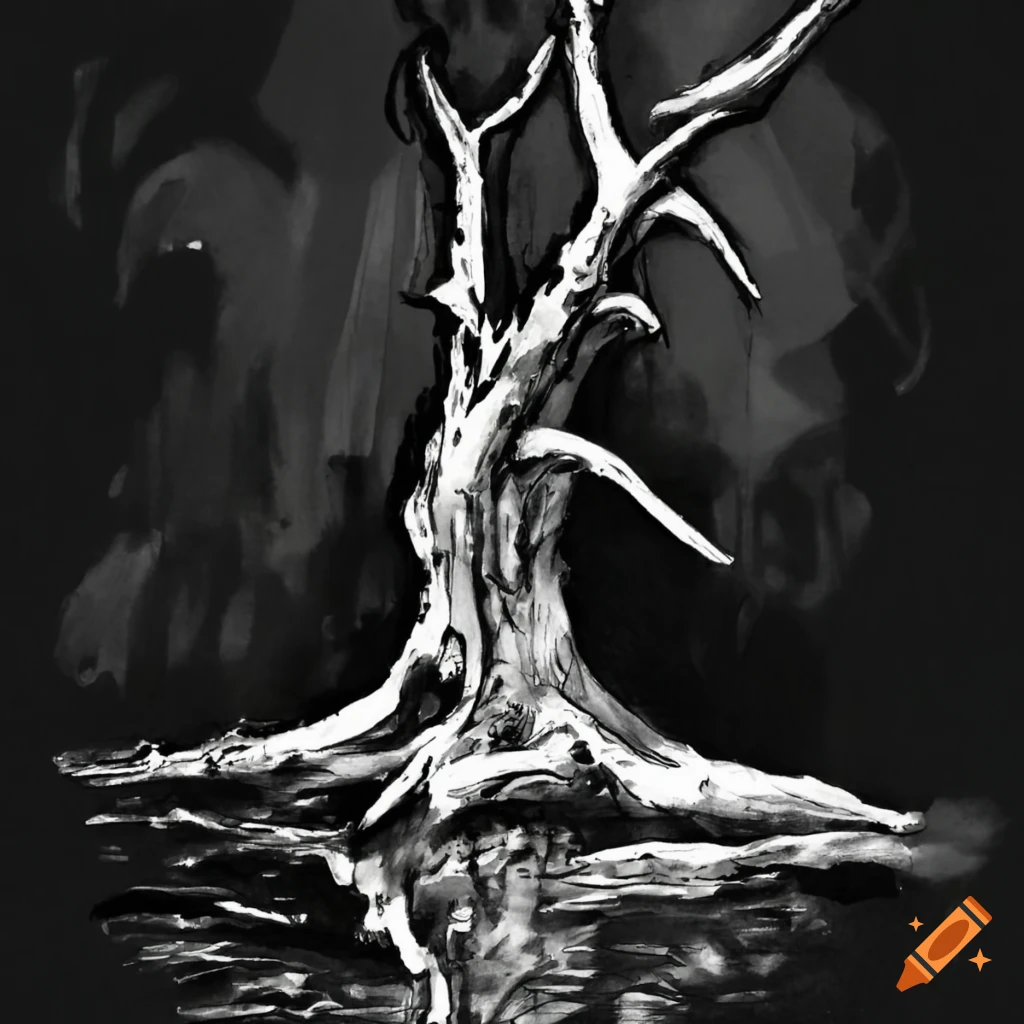 Ink drawing of a split dead tree