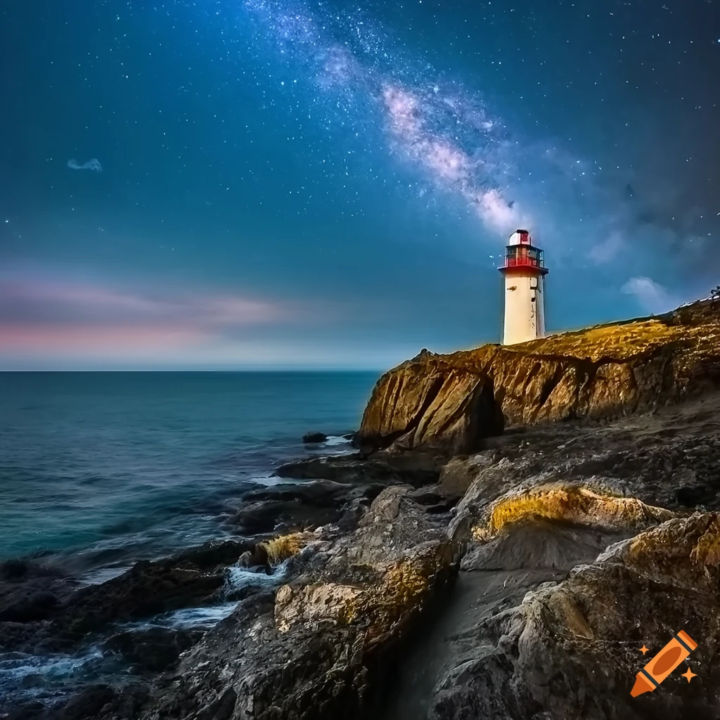 Fantasy art of a lighthouse on a rocky peninsula on Craiyon