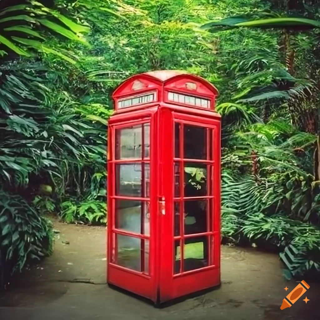 London phone box surrounded by tropical forest