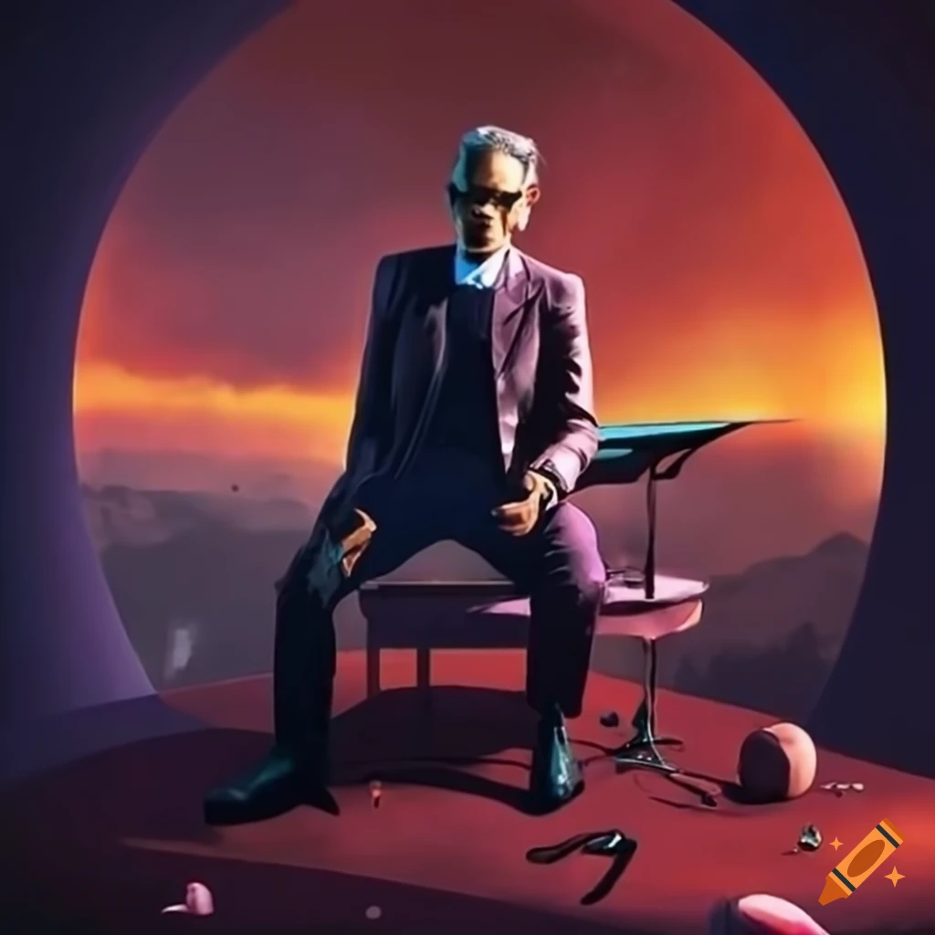 Jeff goldblum playing piano at sunset on dystopian planet