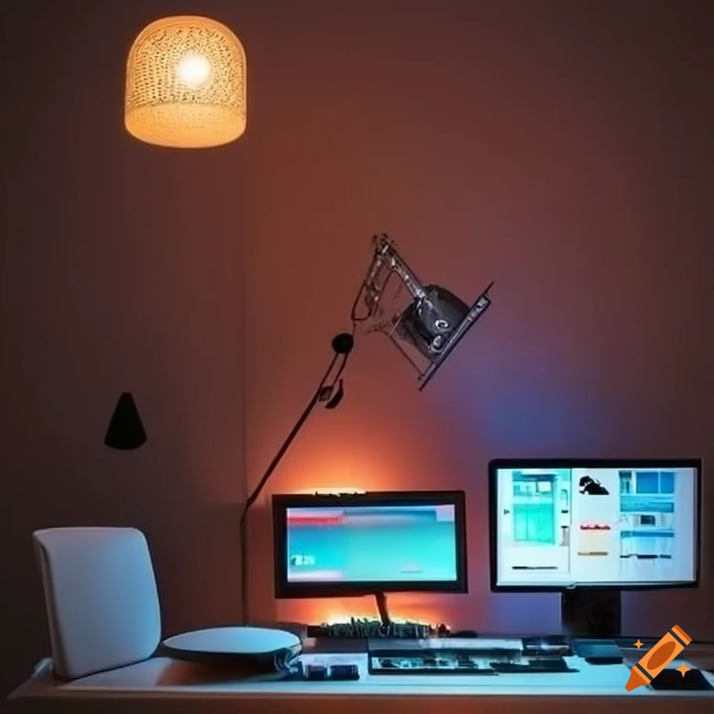 Cyber security themed work room with computer setup on Craiyon