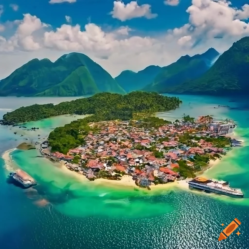 Stunning aerial view of a town on a tropical island on Craiyon