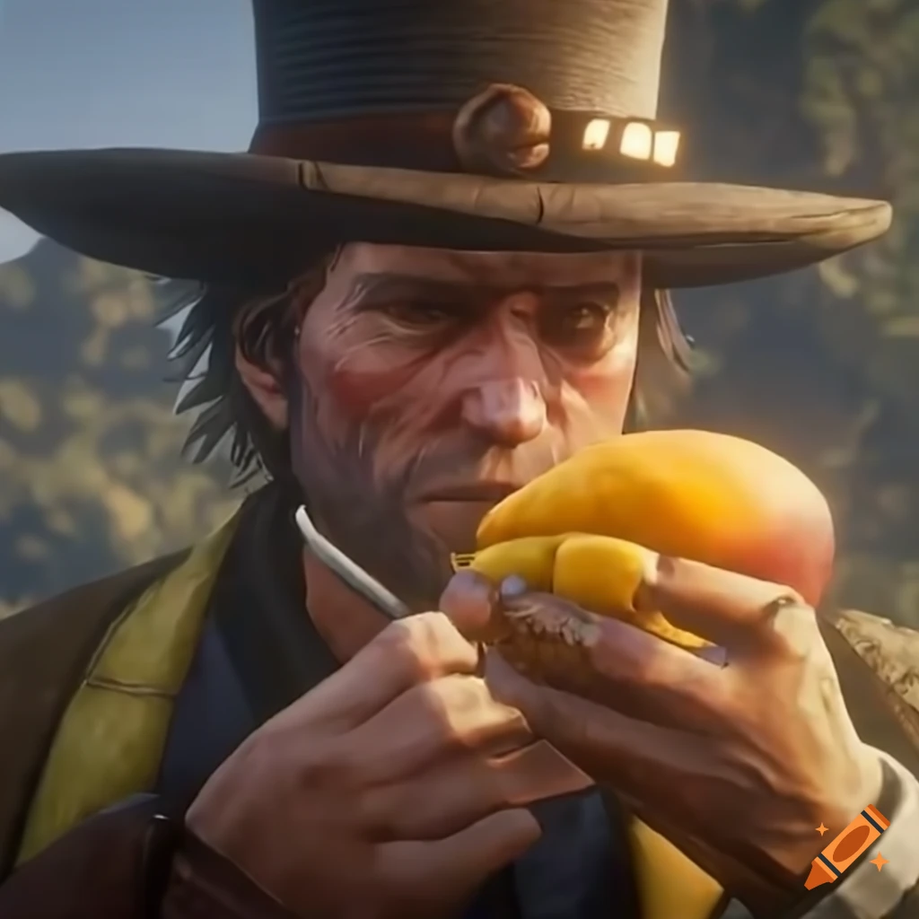 Arthur Morgan eating a mango on Craiyon