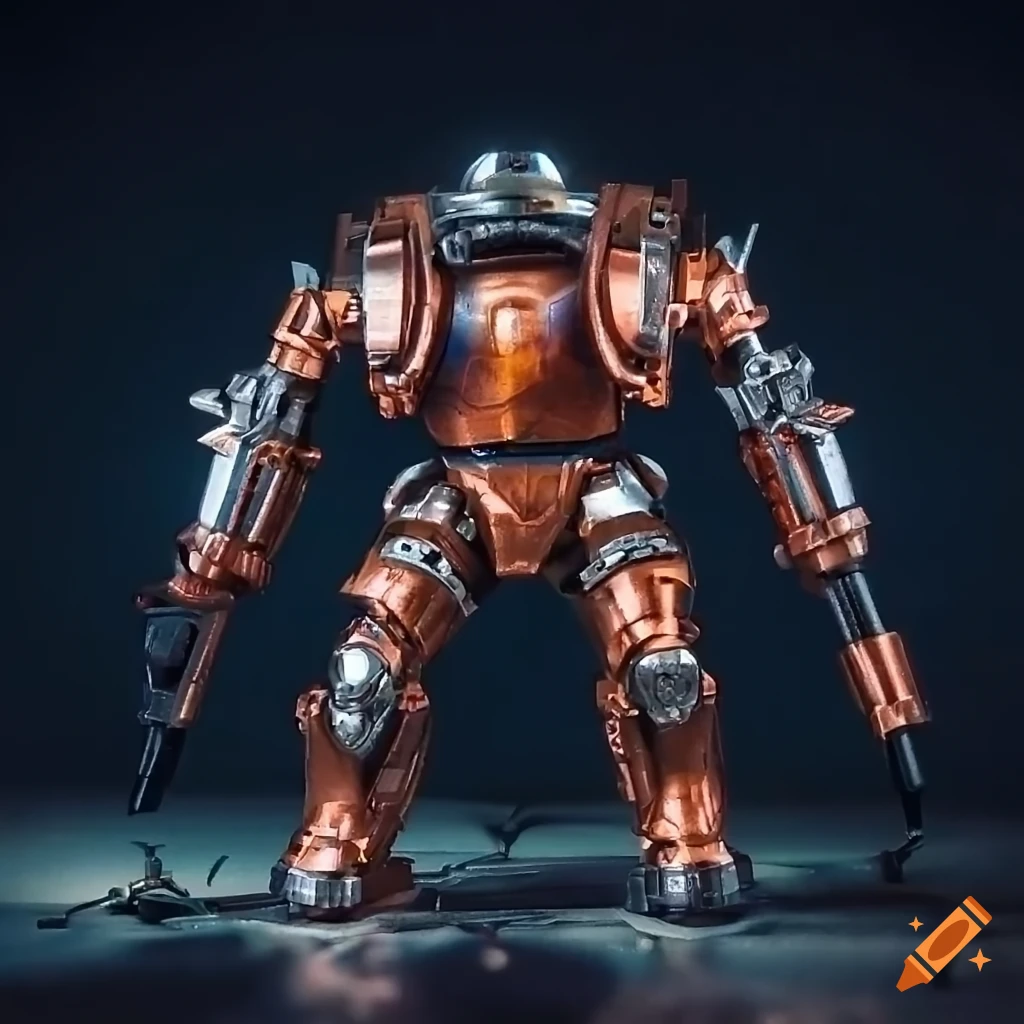 Silver and copper armored humanoid battlemech on Craiyon